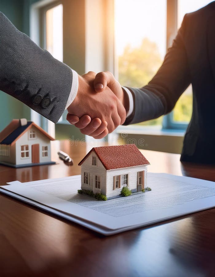 Two Hands Shaking Above a Model House with a Sunset City Backdrop Stock ...