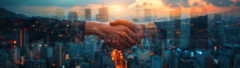 Two Hands Shaking Against a City Skyline Background Stock Illustration ...