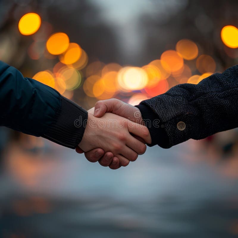 Two Hands Shaking with City Lights in Background Stock Illustration ...