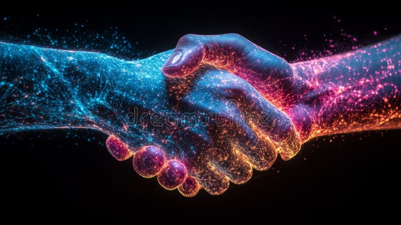 Two Hands Shaking with Colorful Digital Effects Representing Unity and ...