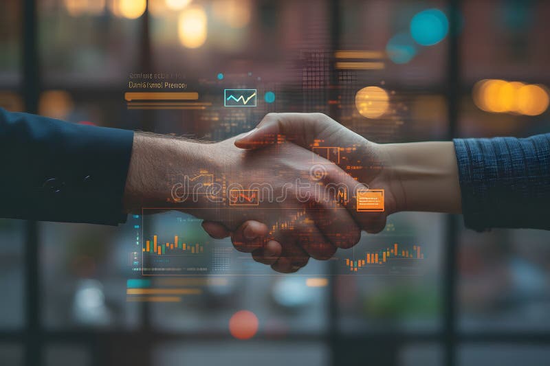 Two Hands Shaking with Digital Interface Overlay Stock Illustration ...