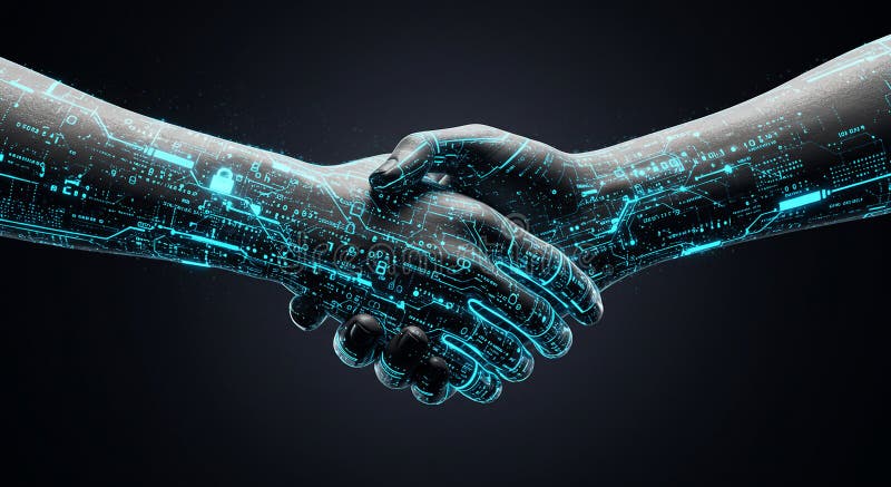 Two Hands Shaking, Digitally Rendered with Glowing Circuit Patterns in ...