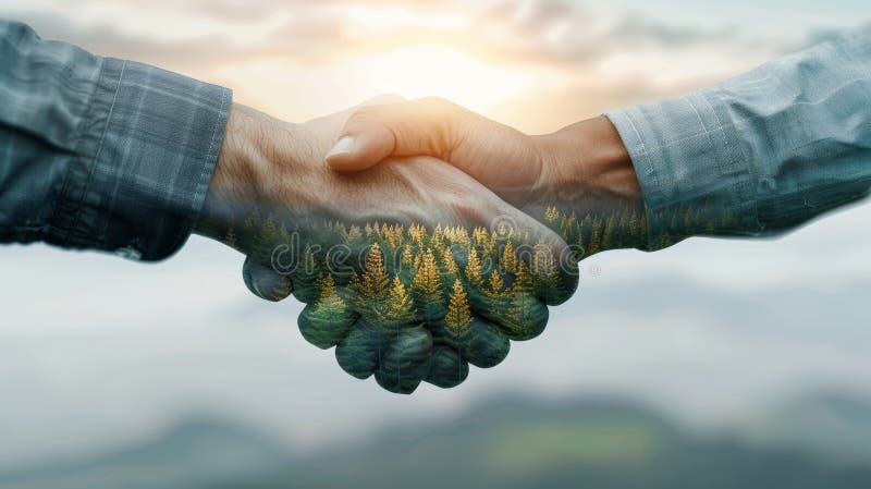 Two Hands Shaking with a Forest Overlay Representing Environmental ...
