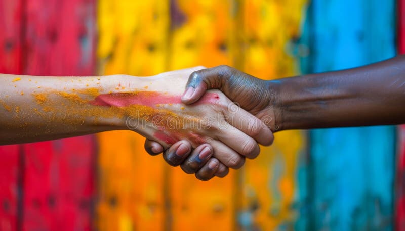 Two Hands Shaking in Front of a Colorful Wall Stock Image - Image of ...