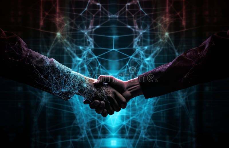 Two Hands Shaking in Front of Computerized Digital Abstract Background ...