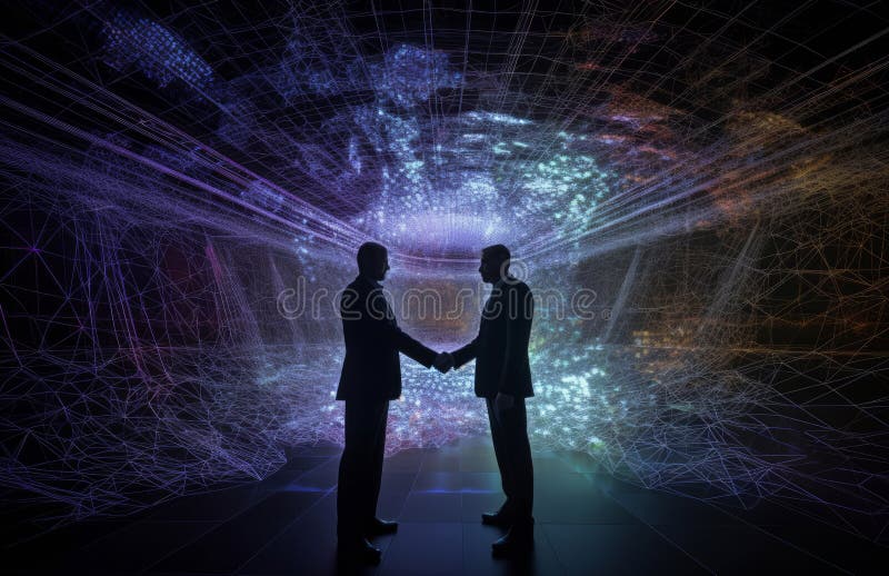 Two Hands Shaking in Front of Computerized Digital Abstract Background ...