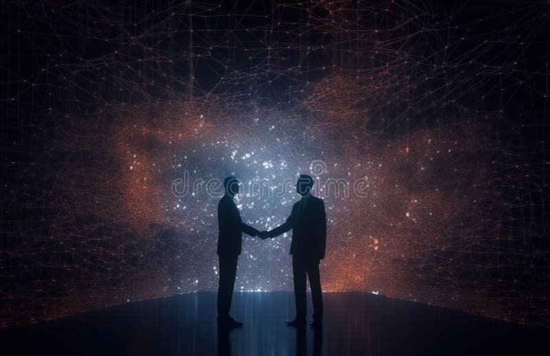 Two Hands Shaking in Front of Computerized Digital Abstract Background ...