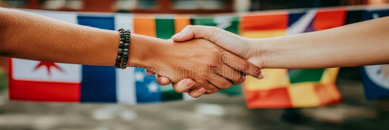 Two Hands Shaking in Front of International Flags Showing Unity ...