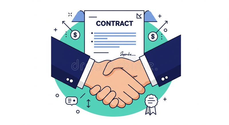 Two Hands Shaking in Front of a Large Contract Document, Symbolizing ...