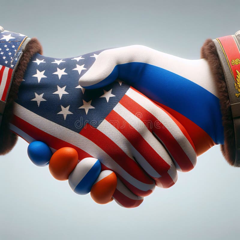 Two Hands Shaking in a Handshake with the American and Russian Flags on ...