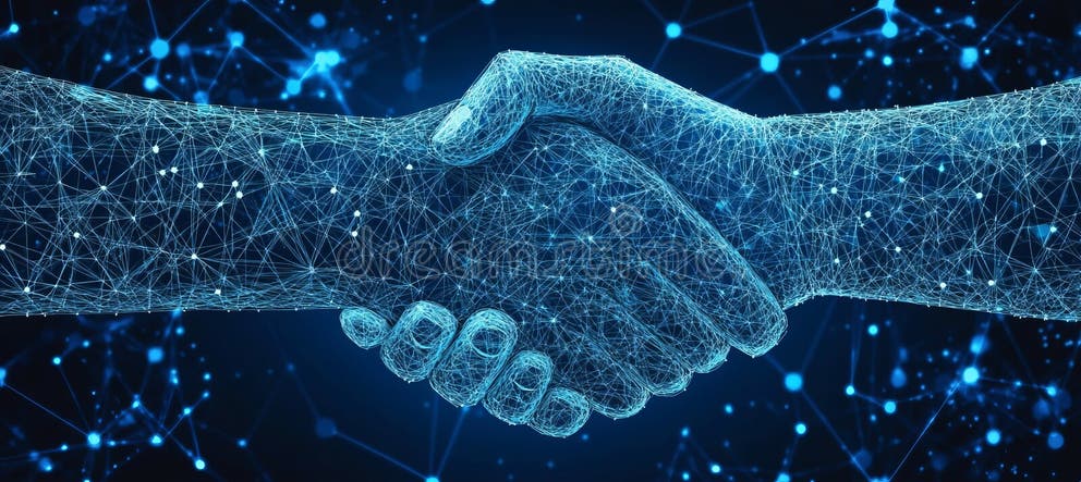 Two Hands Shaking Made of Blue Interconnected Dots and Lines on a Dark ...