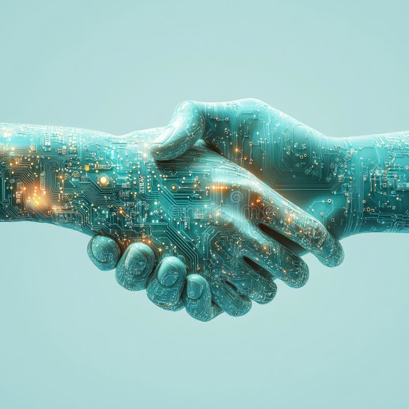 Two Hands Shaking Hands, Made of Electronic Circuits, Data Networks or ...