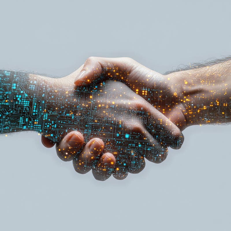 Two Hands Shaking Hands, Made of Electronic Circuits, Data Networks or ...