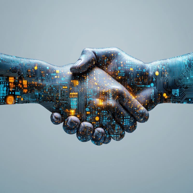 Two Hands Shaking Hands, Made of Electronic Circuits, Data Networks or ...