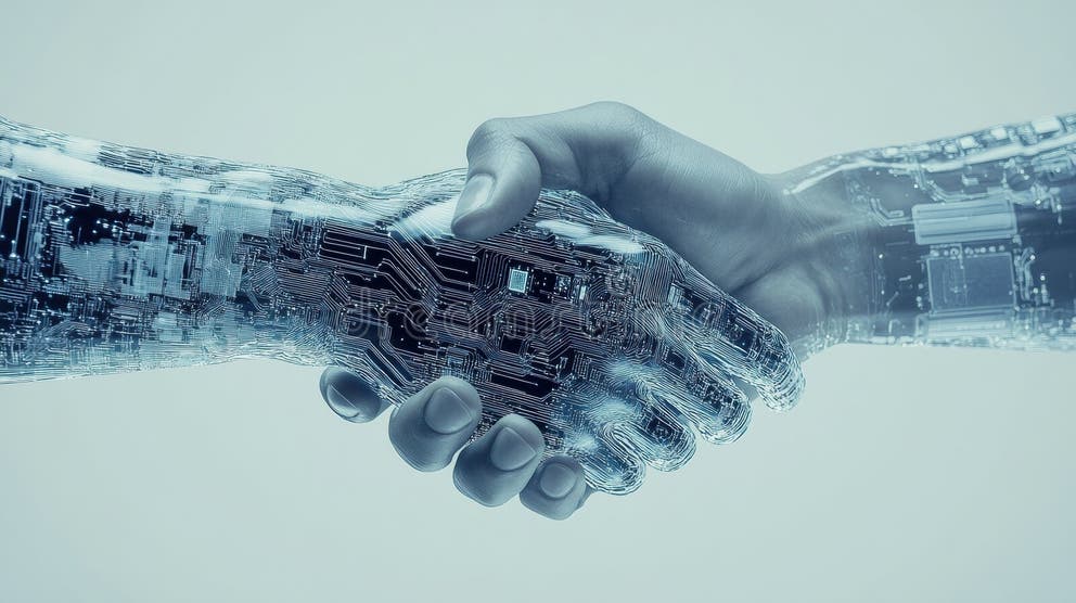 Two Hands Shaking Hands, Made of Electronic Circuits, Data Networks or ...