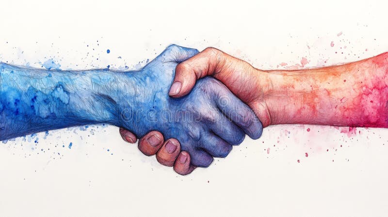 Two Hands Shaking, One Painted Blue and the Other Red, Symbolizing ...