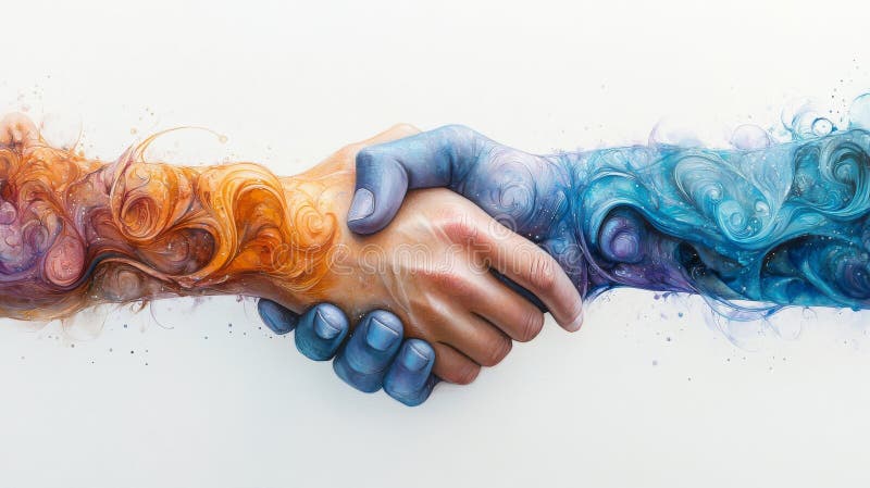 Two Hands Shaking, One in Vibrant Orange and the Other in Blue ...