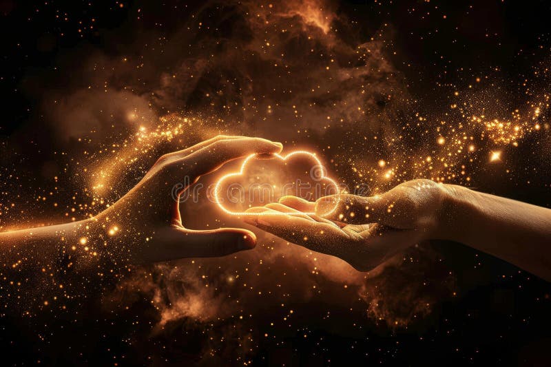 Two Hands Shape Glowing Cloud with Sparkling Golden Trails, Evoking ...
