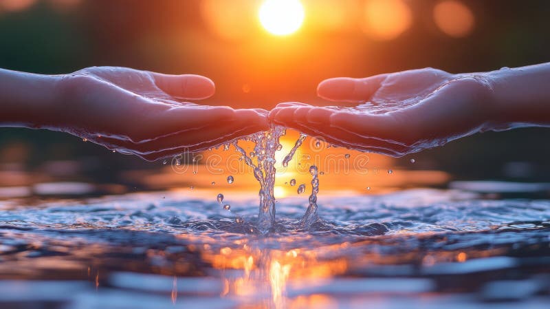Two Hands Sharing Water at Sunset, Golden Hour Harmony Stock Photo ...