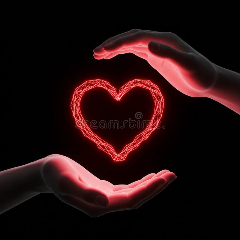 Two Hands, Softly Glowing, Frame a Luminous, Wireframe Heart in Red ...