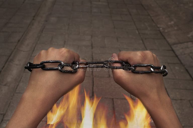 Two Hands Tied with Chains, Fire at the Bottom, Concept of Unfreedom ...