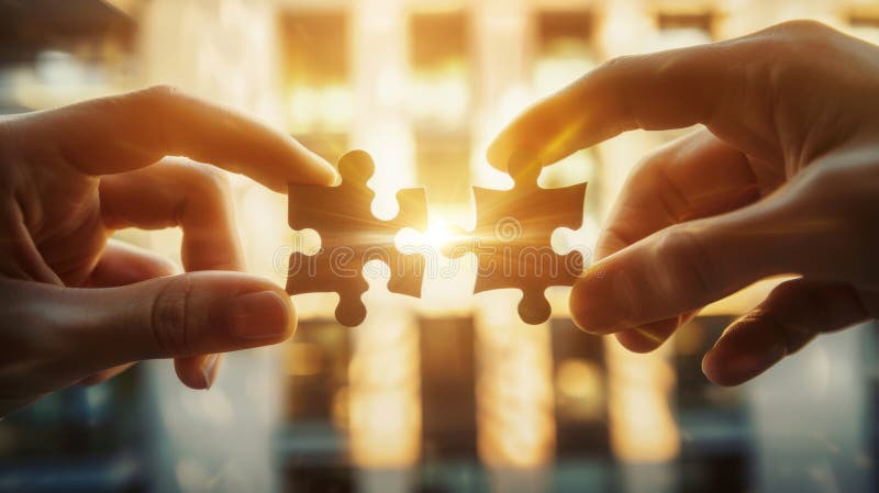 Two Hands are about To Connect Puzzle Pieces with Sunlight Streaming ...