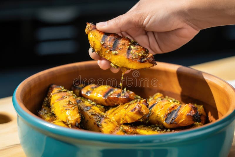 Two Hands Tossing Grilled Plantains in Mango Glaze Bowl Stock Image ...