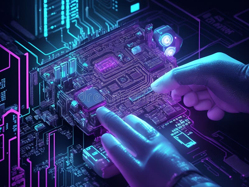 Two Hands Touching an Electronic Device in a Cyber Environment Stock ...