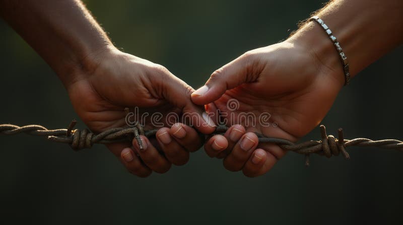 Two Hands Touching Over Barbed Wire Fence Stock Illustration ...