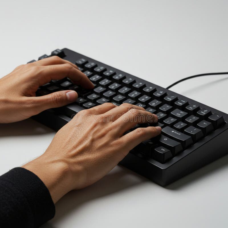 Two Hands Typing on a Black Keyboard with a Wired Connection. the ...