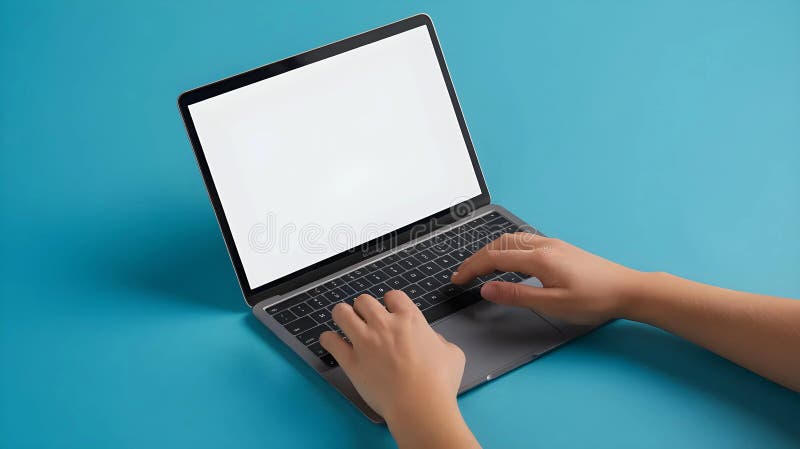 Two Hands are Typing on a Laptop Keyboard with a Blank White Screen ...