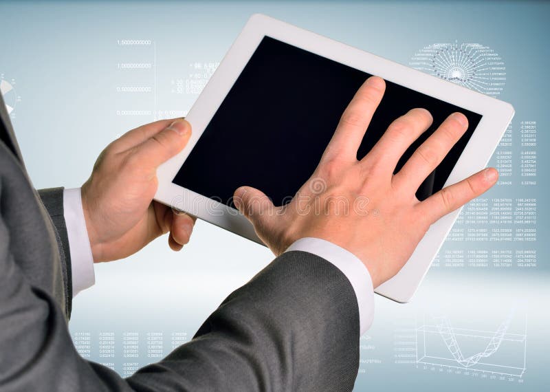Man Hands Using Tablet Pc. Image Of Wire-frame Stock Photo - Image of ...