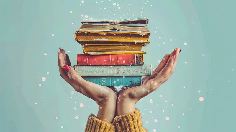 Hands Holding a Stack of Books Against a Light Blue Background Stock ...