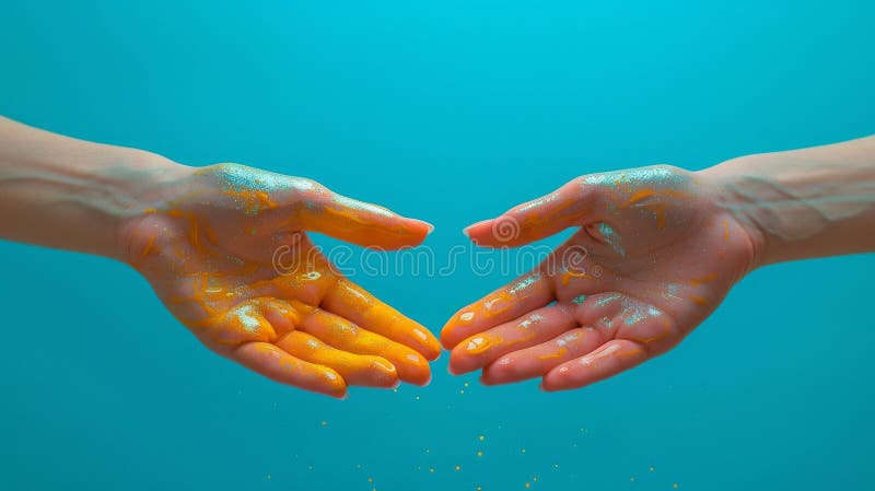 Two Hands with Yellow and Blue Paint Reaching Towards Each Other on a ...