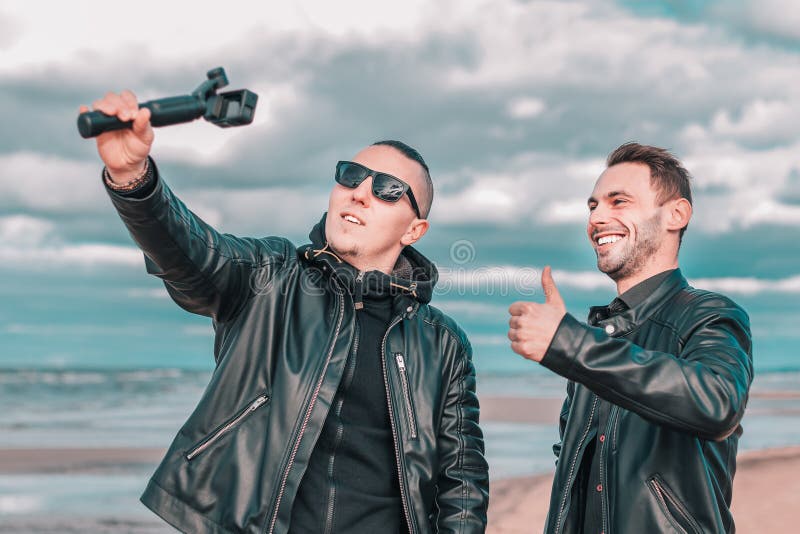 Two Handsome Guys Making Selfie Using Action Camera Stock Image - Image ...