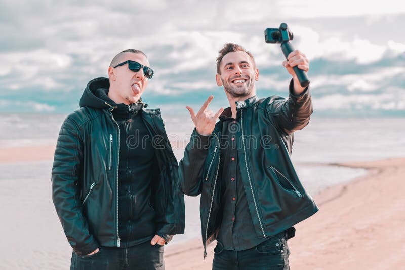 Two Handsome Guys Making Selfie Using Action Camera Stock Image - Image ...