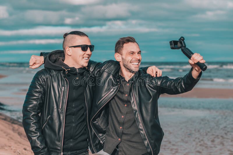 Two Handsome Guys Making Selfie Using Action Camera Stock Image - Image ...