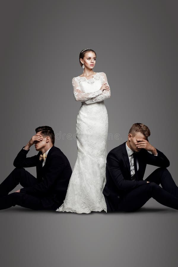 Two Handsome Men and Beautiful Bride, Studio Stock Image - Image of ...