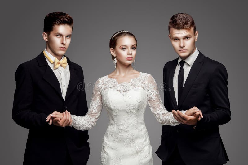 Two Handsome Men and Beautiful Bride, Studio Stock Image - Image of ...