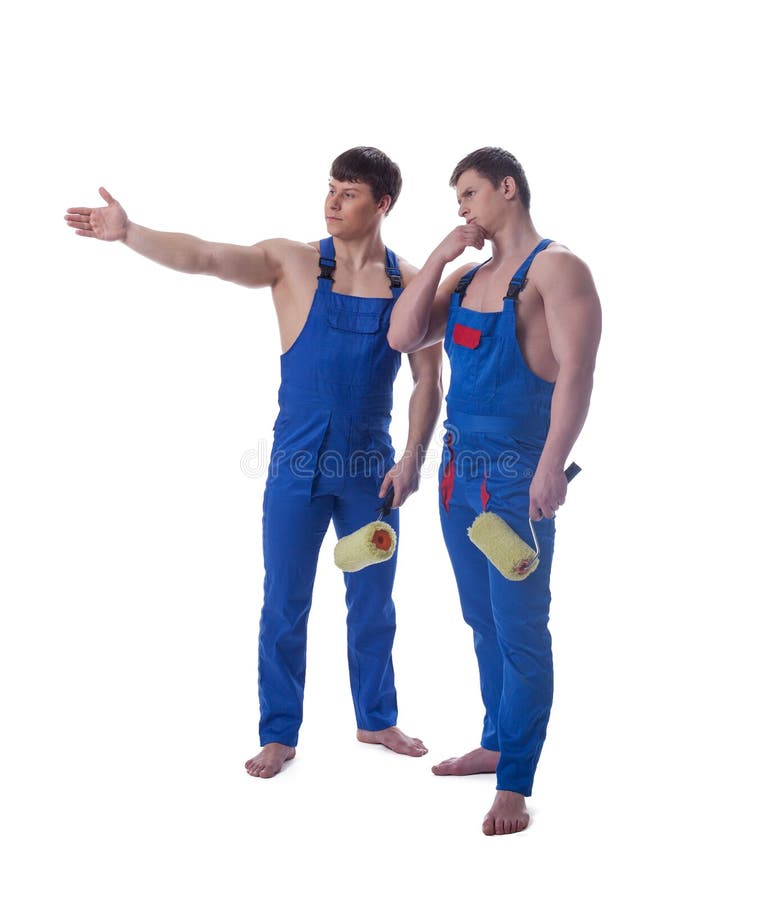 Two Handsome Painters in Blue Overalls Stock Photo - Image of decorator ...