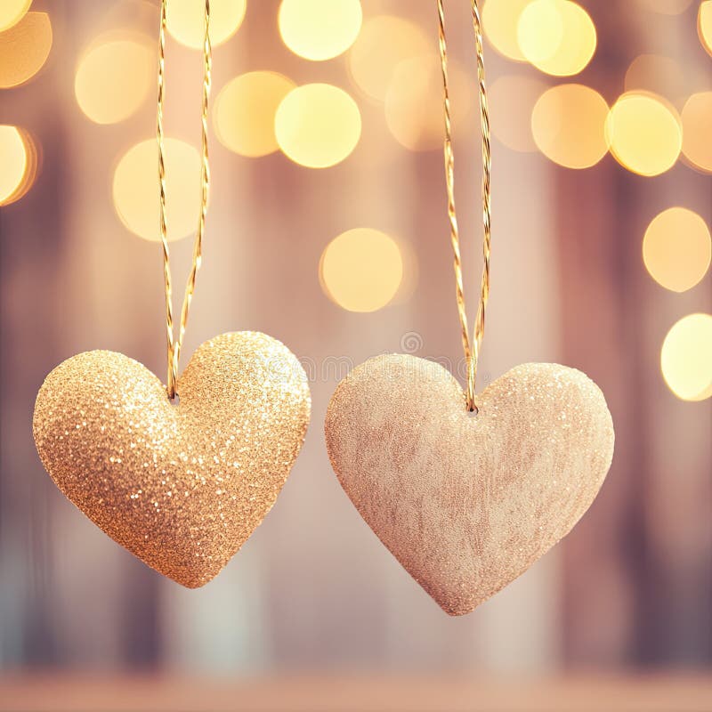 Two Hanging Hearts, Gold and Beige, Festive Lights Background Stock ...