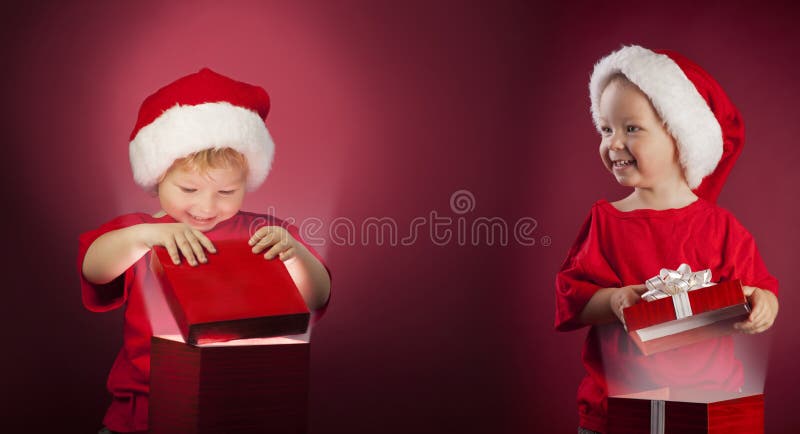 Two Happy Boy Open Christmas Gift-box Stock Image - Image of gift ...