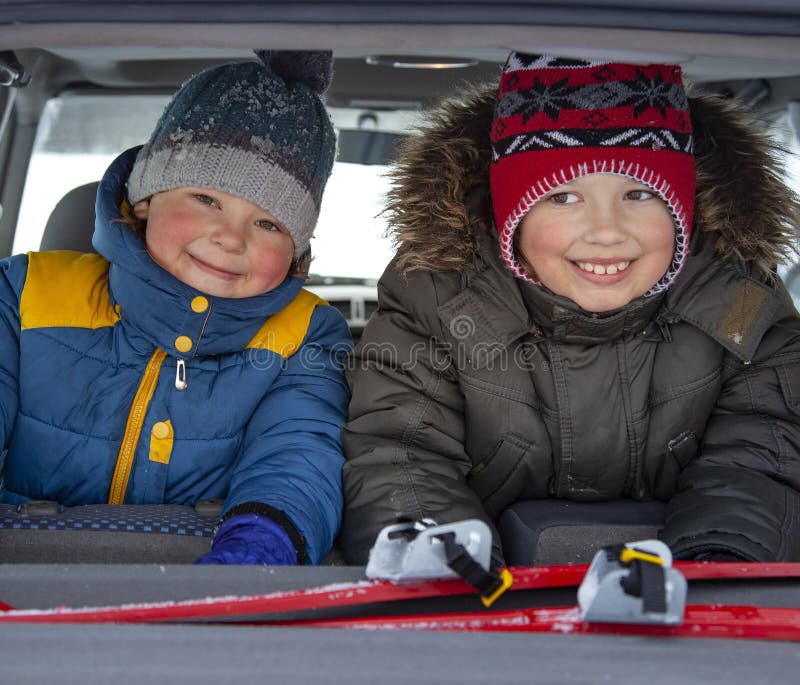 Two Happy Boy in the Trunk Car a Merry Winter Trip Stock Photo - Image ...