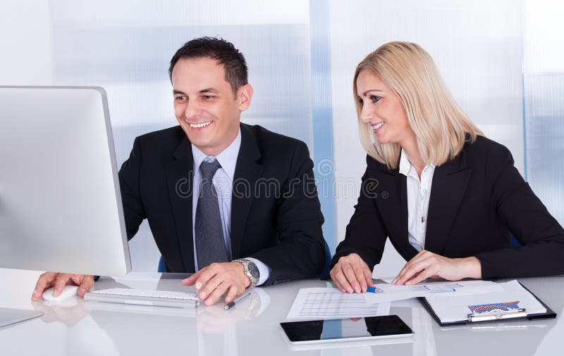 Two Happy Business Colleagues at Office Stock Image - Image of meeting ...