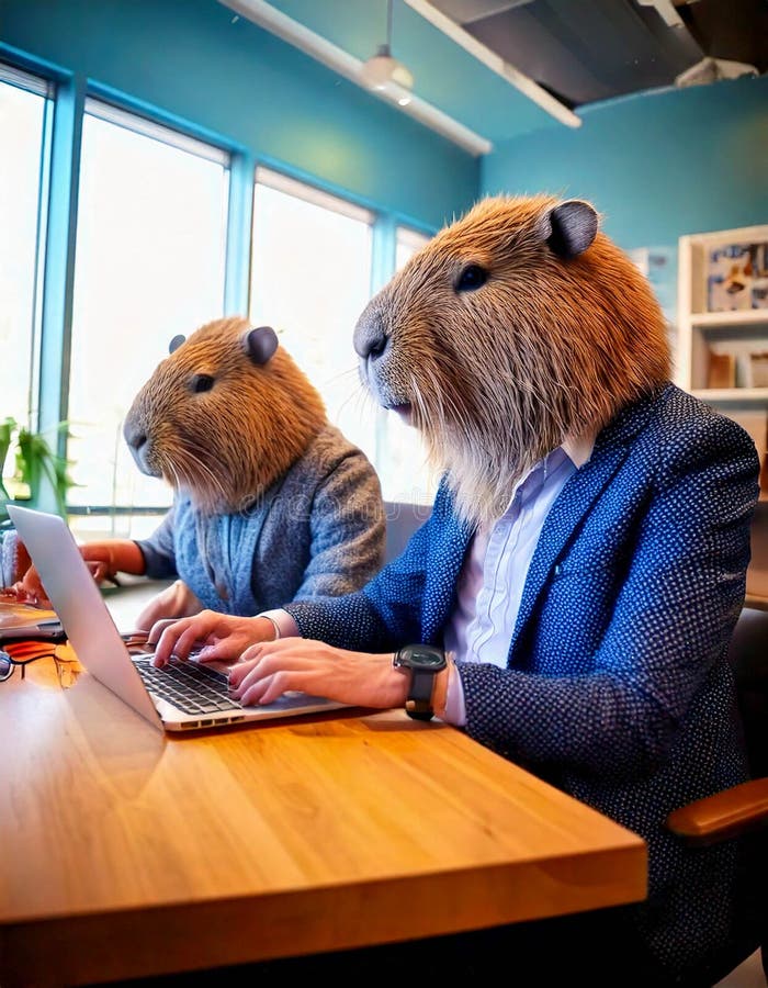 Two Happy Busy Professional Capybara Team Working Together Working in ...