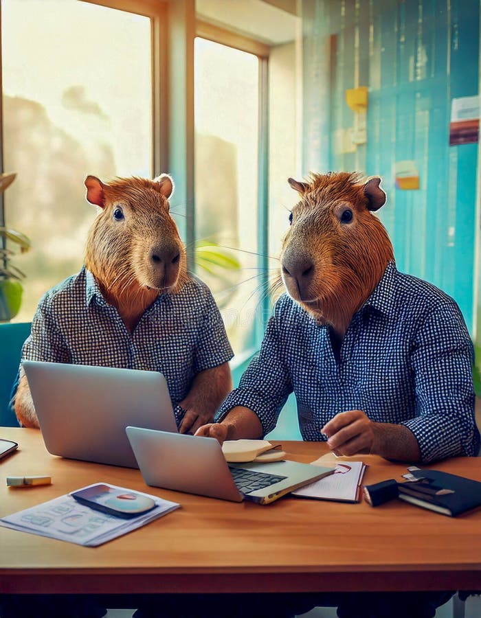 Two Happy Busy Professional Capybara Team Working Together Working in ...