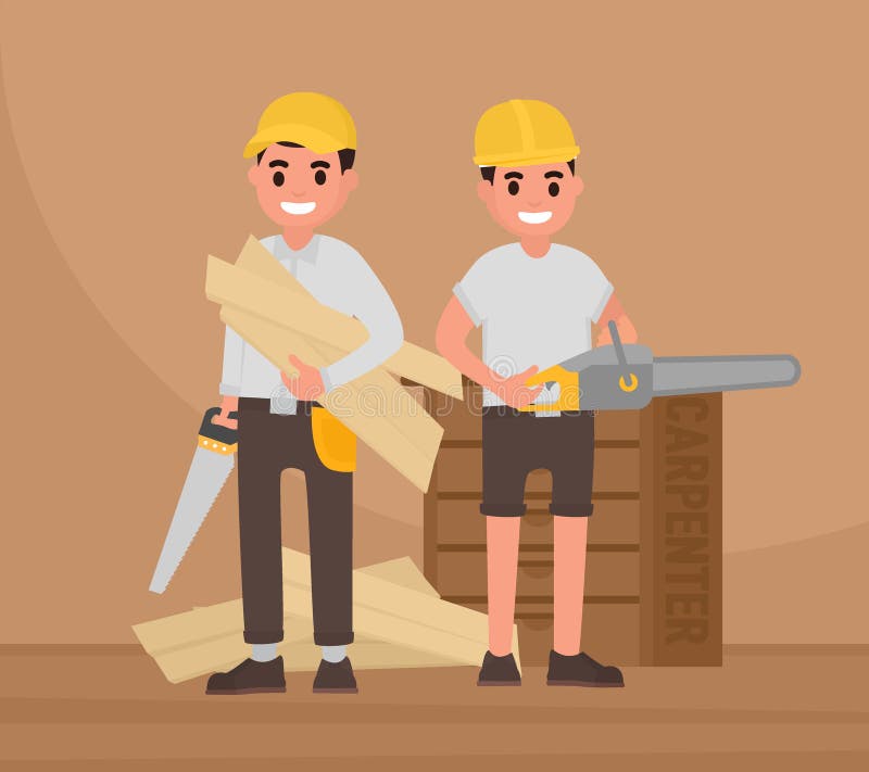 Two Happy Carpenters Stand with Tools. Vector Foreman, Joiner ...