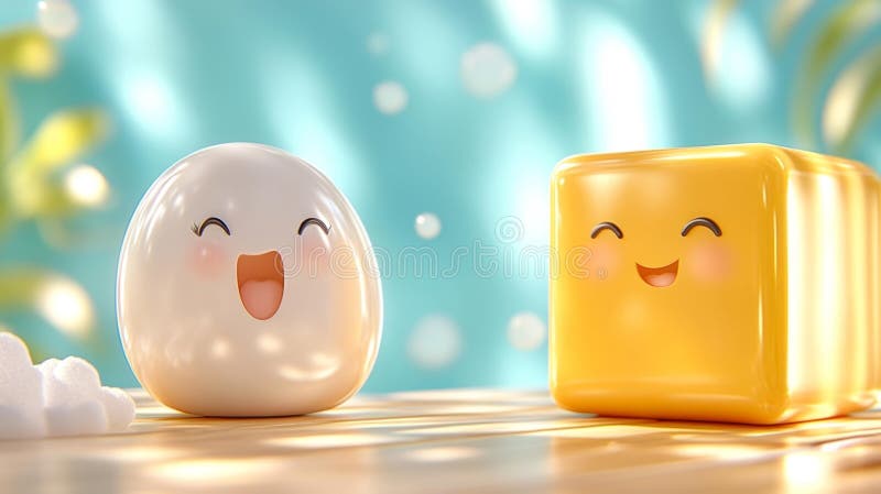 Two Happy Characters a Round and a Cube in a Bright Scene Stock ...