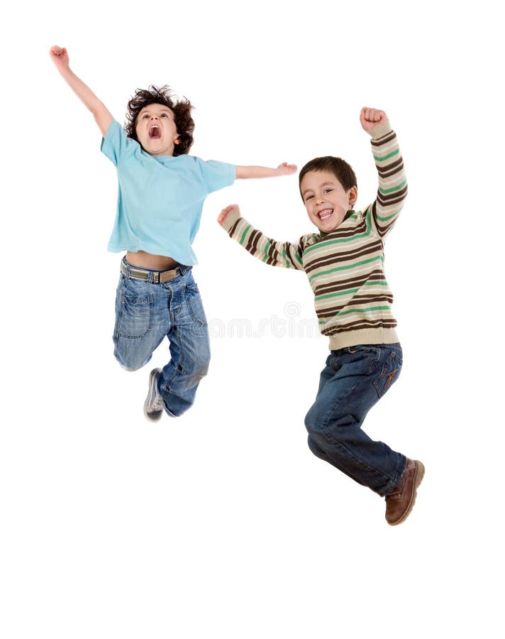 Two Happy Children Jumping at Once Stock Photo - Image of green ...