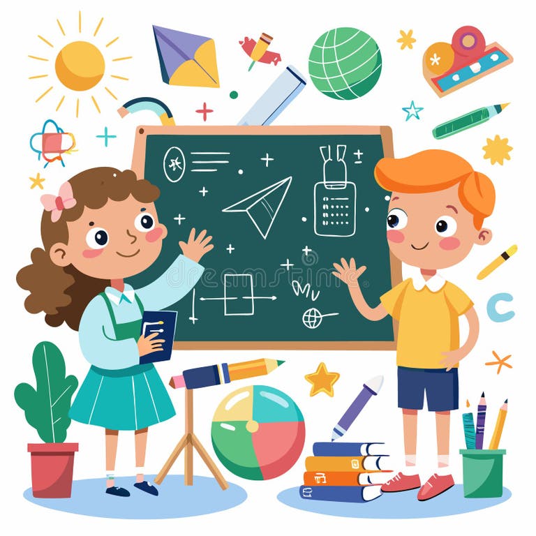 Two Happy Children Learning Geometry Together at School Stock Vector ...